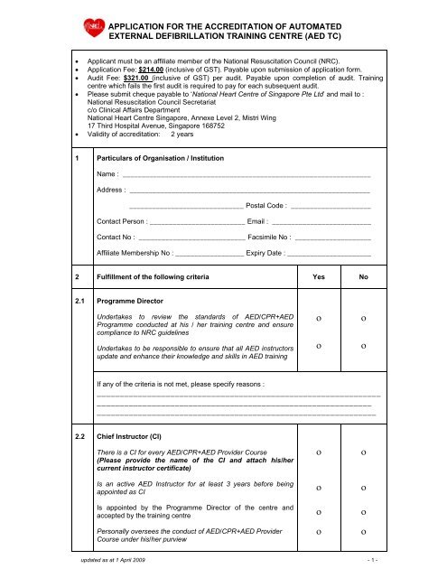 Automated External Defibrillator Training Centre Application Form