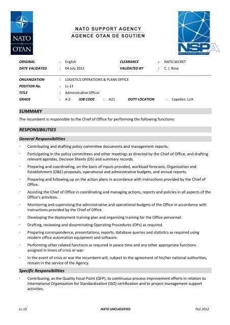 SUMMARY RESPONSIBILITIES - NSPA - Nato
