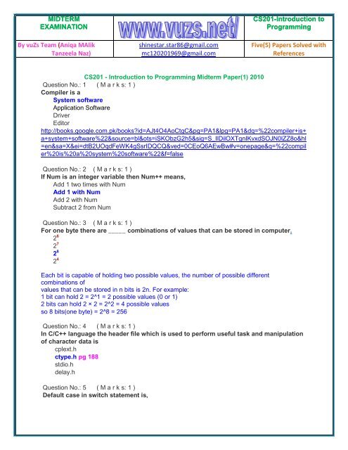 CS201-Introduction to Programming-Solved-Midterm-Papers ... - vuZs CS201-Introduction to Programming-Solved-Midterm-Papers ... - vuZs