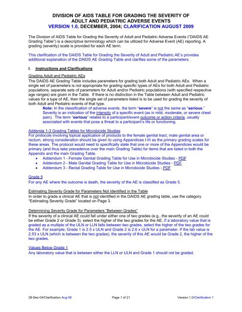Table for grading the severity of adult and pediatric adverse events