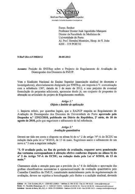 Exmo. Senhor Professor Doutor JosÃ© Agostinho Marques ... - SNESup