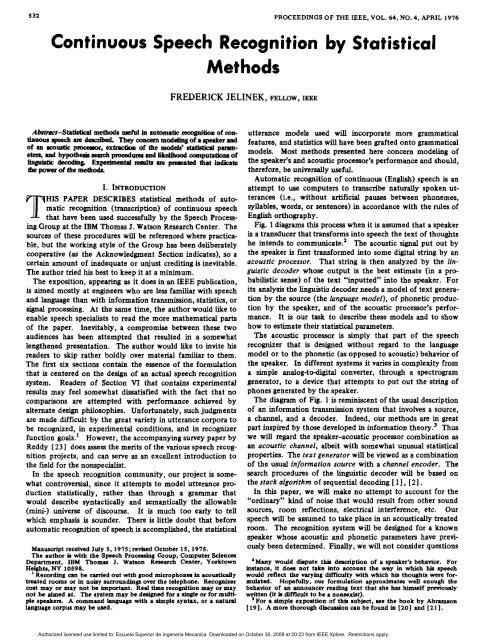 Continuous Speech Recognition By Statistical Methods