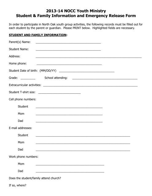 Student Information Form North Oak Community Church student-information-form-north-oak-community-church