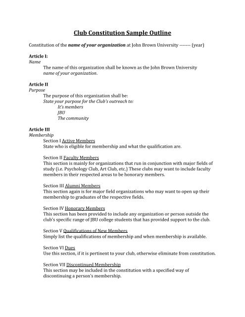 Club Constitution Sample Outline - John Brown University