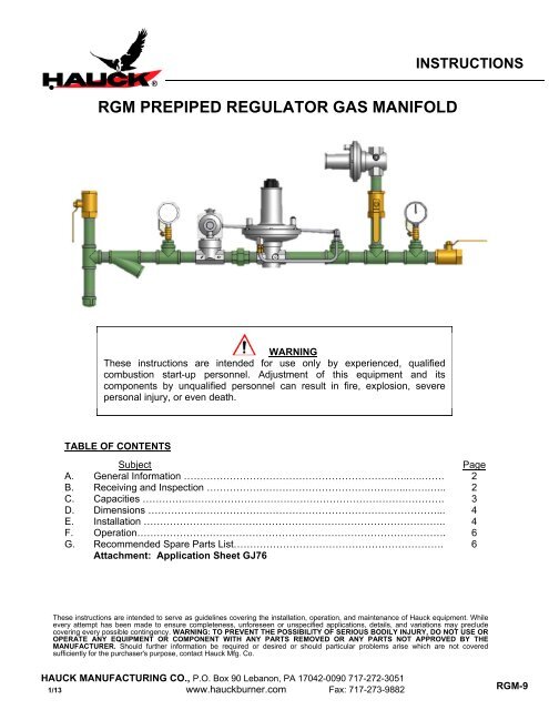rgm prepiped regulator gas manifold - Hauck Manufacturing Company