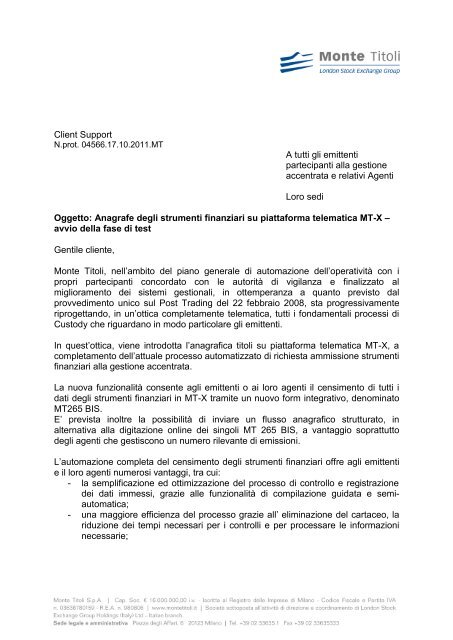 Avvio test anagrafe strumenti finanziari su MT-X - Monte Titoli