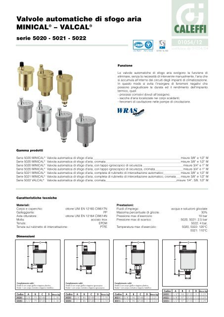 Valvole automatiche di sfogo aria MINICALÂ® â VALCAL - Caleffi