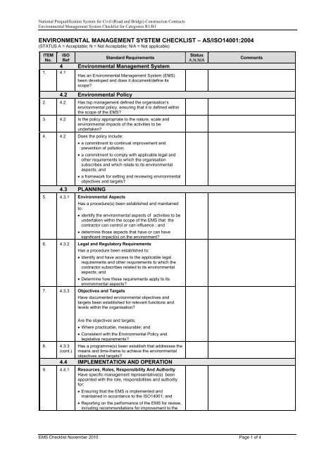 Environmental Management System Checklist AS ... - Transport