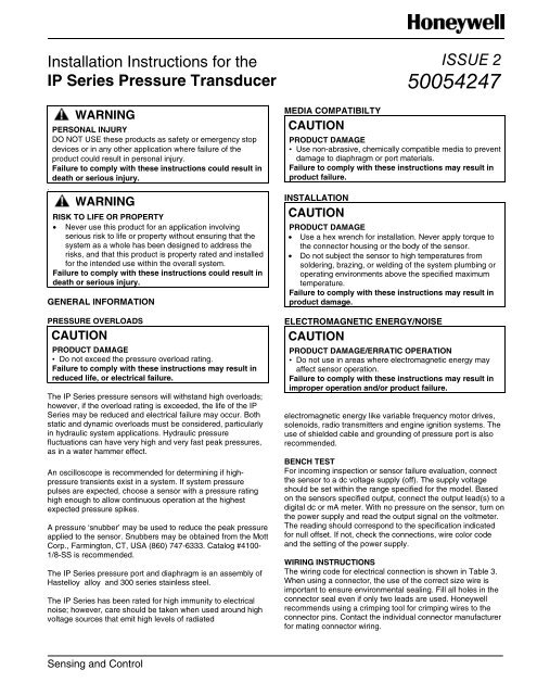IP Series Pressure Transducer Installation Instructions