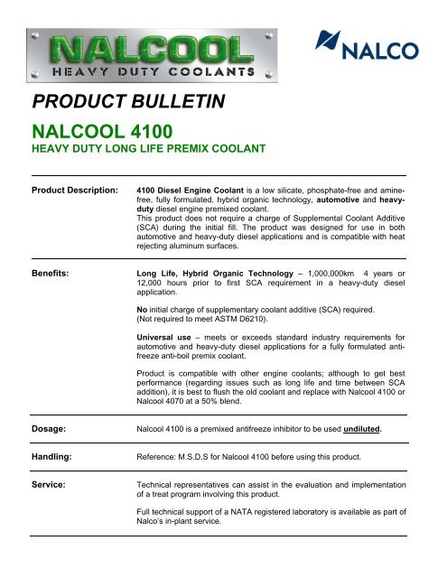 PRODUCT BULLETIN NALCOOL 4100 - Statewide Oil
