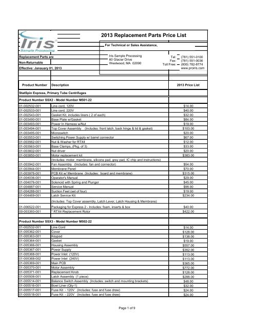 2013 Replacement Parts Price List - Iris Sample Processing