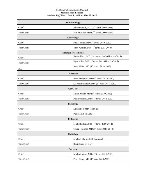 Medical Staff Leadership List - MedWeb Icon St. David's Healthcare ...