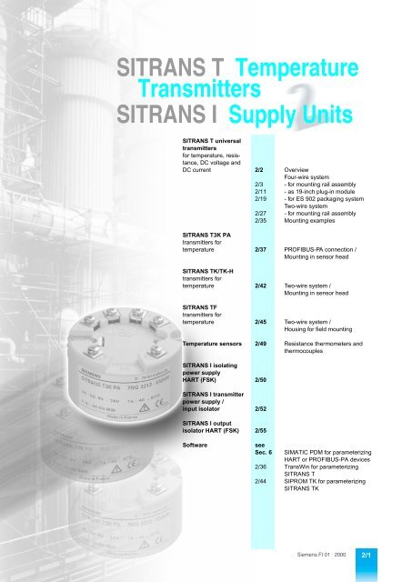 SITRANS T Temperature Transmitters SITRANS I Supply Units