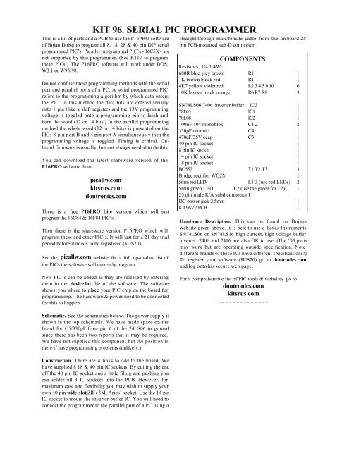 KIT 96. SERIAL PIC PROGRAMMER - Kitsrus