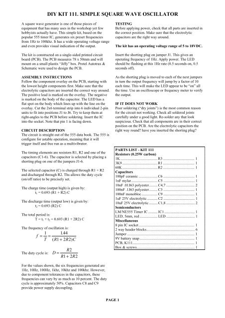 DIY KIT 111. SIMPLE SQUARE WAVE OSCILLATOR - Ozitronics