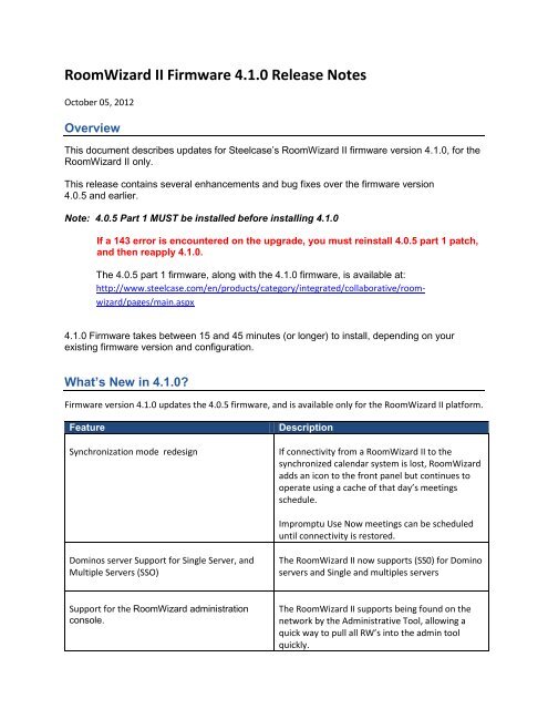 RoomWizard II Firmware 4.1.0 Release Notes - Steelcase