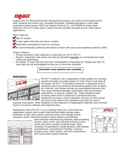 Fireboy HFC-227 Manual/Automatic Extinguishing Systems are ...