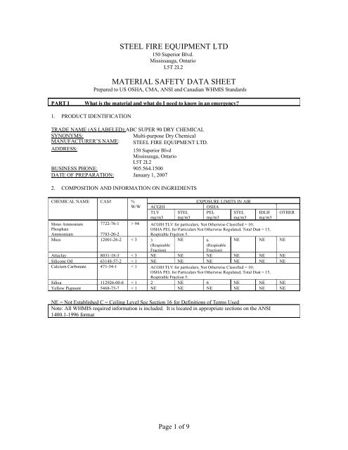STEEL FIRE EQUIPMENT LTD MATERIAL SAFETY DATA SHEET