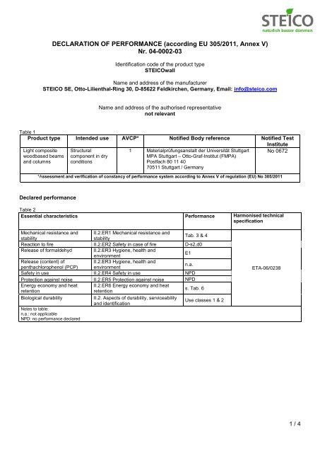 DECLARATION OF PERFORMANCE (according EU 305 ... - Steico