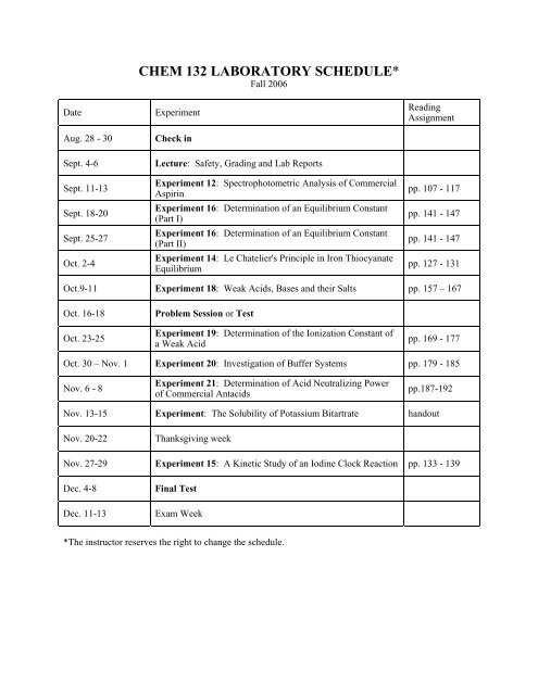 CHEM 132 LABORATORY SCHEDULE*