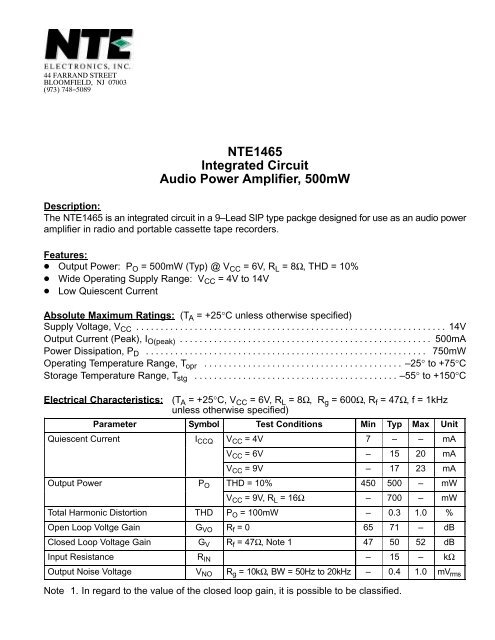 NTE1465 Integrated Circuit Audio Power Amplifier, 500mW