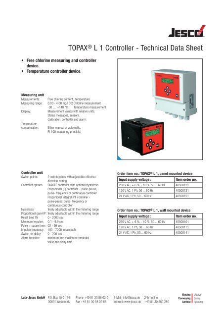 TOPAX® L 1 Controller - Technical Data Sheet