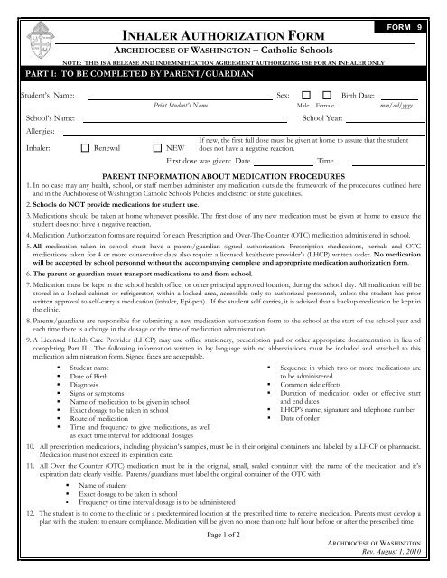INHALER AUTHORIZATION FORM - TeacherWeb