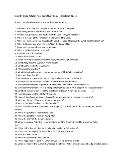 Seventh Grade Religion Final Exam Study Guide - Saint Elizabeth ...