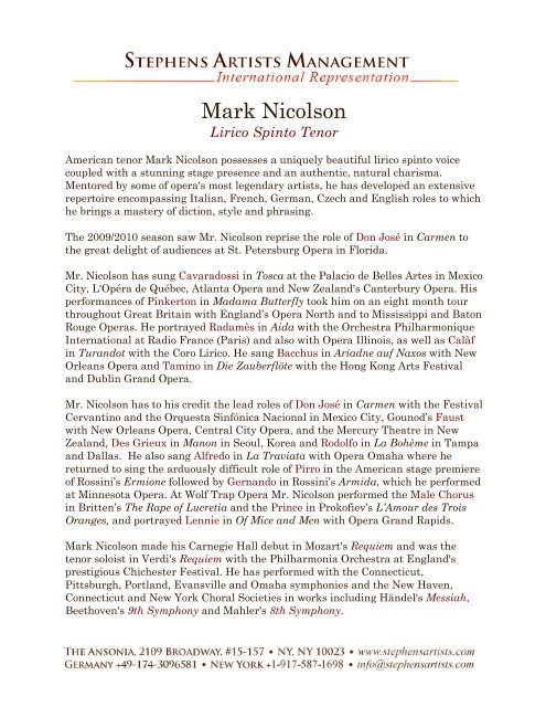 Mark Nicolson - Stephens Artists Management