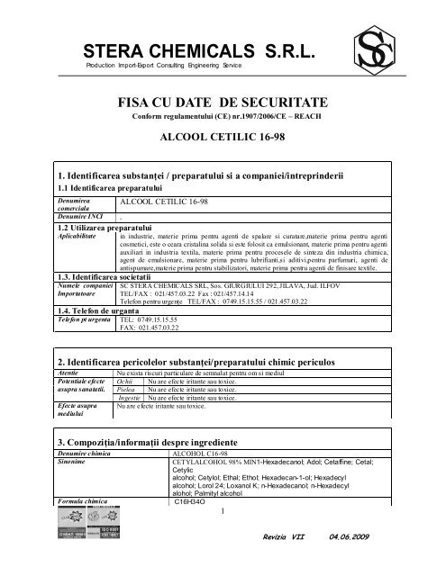 fise cu date de securitate alcool cetilic 16-95 o.pdf - Stera Chemicals