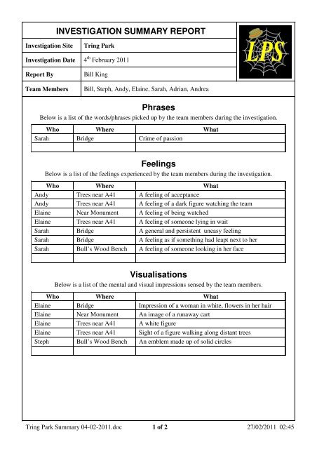 LPS Investigation Summary Report - Luton Paranormal Society