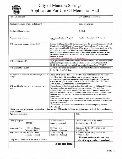 Memorial Hall Rental Application Form (pdf) - City of Manitou Springs