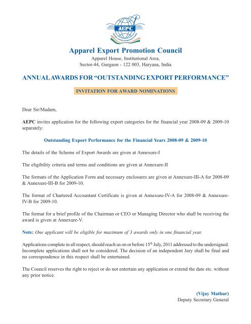 outstanding export performance - Apparel Export Promotion Council