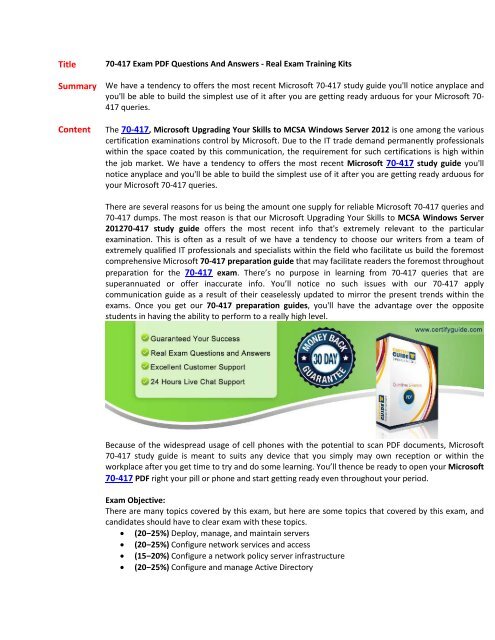 70-417 Exam Questions Answers PDF