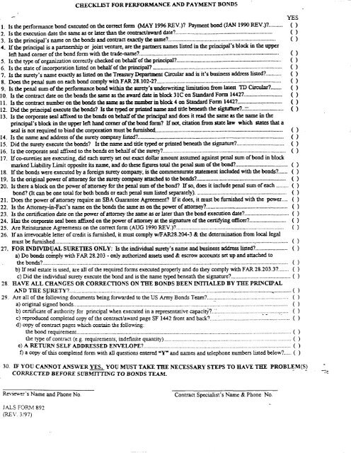 Bonds Checklist - U.S. Army