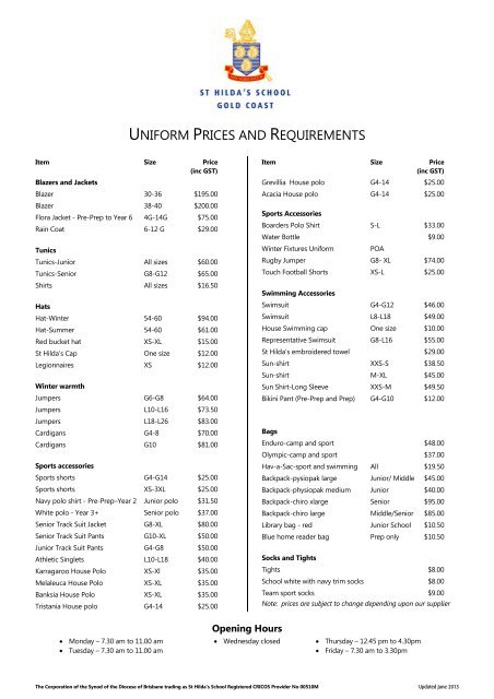 Uniform Price List - St Hildas School
