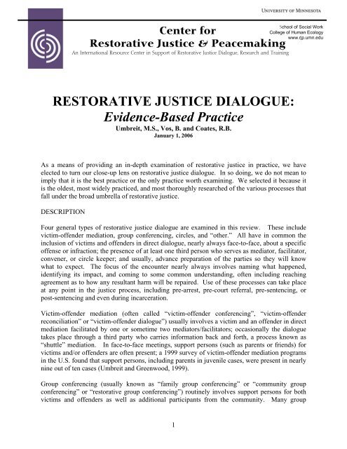 RESTORATIVE JUSTICE DIALOGUE: Evidence-Based Practice