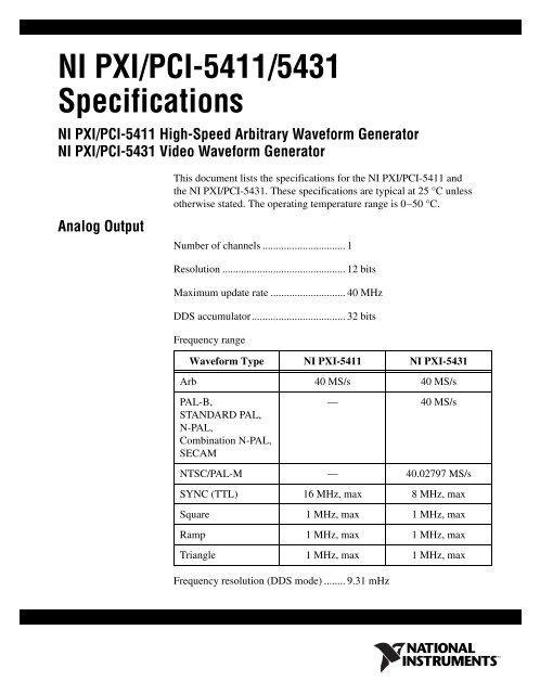 NI PXI/PCI-5411/5431 Specifications - TekNet Electronics