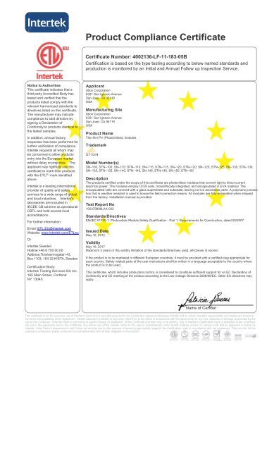 Product Compliance Certificate - Stion