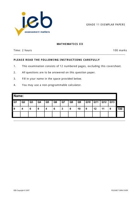 Mathematics Paper 3 Grade 11 Exemplar