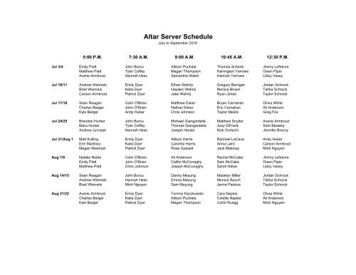 Altar Server Schedule - St. Joan of Arc Catholic Church