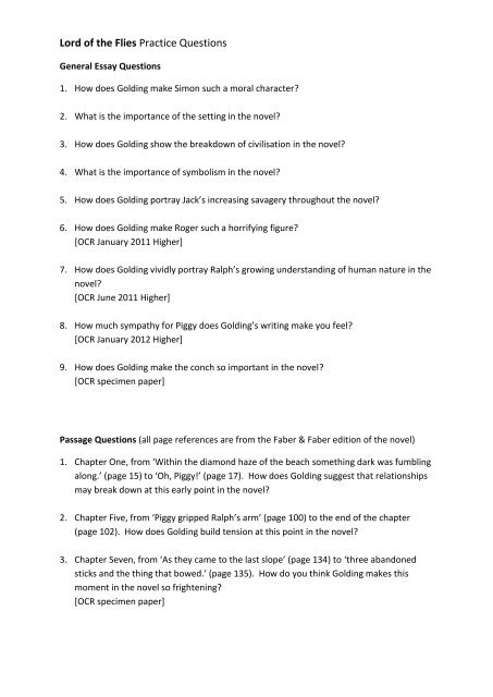 Lord of the Flies Practice Questions - St Marylebone School
