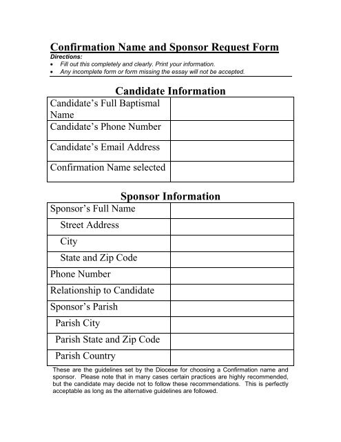 Confirmation Name and Sponsor Request Form - St. Mary's Parish