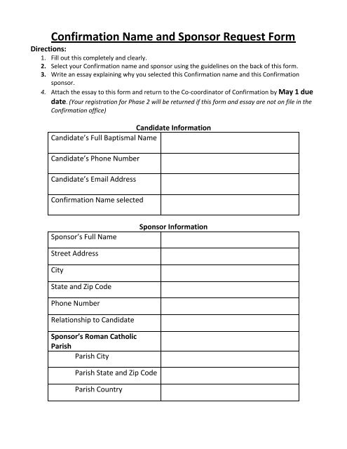 Confirmation Name and Sponsor Request Form - St. Mary's Parish