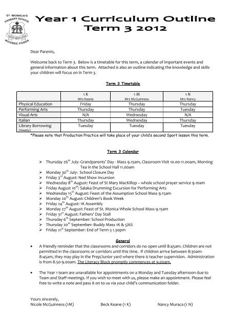Dear Parents, Welcome back to Term 3. Below is a timetable for this ...