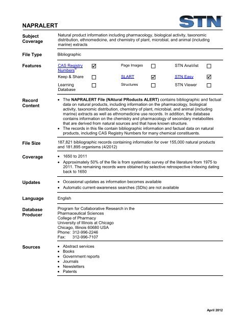 NAPRALERT Database Summary Sheet (DBSS) - STN International