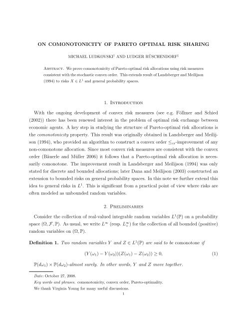 ON COMONOTONICITY OF PARETO OPTIMAL RISK SHARING 1 ...