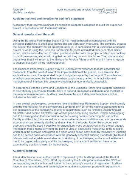 Audit instructions and template for auditor's ... - Finnpartnership