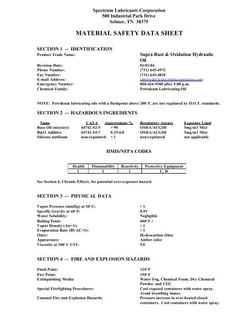supra r & o hydraulic oil msds