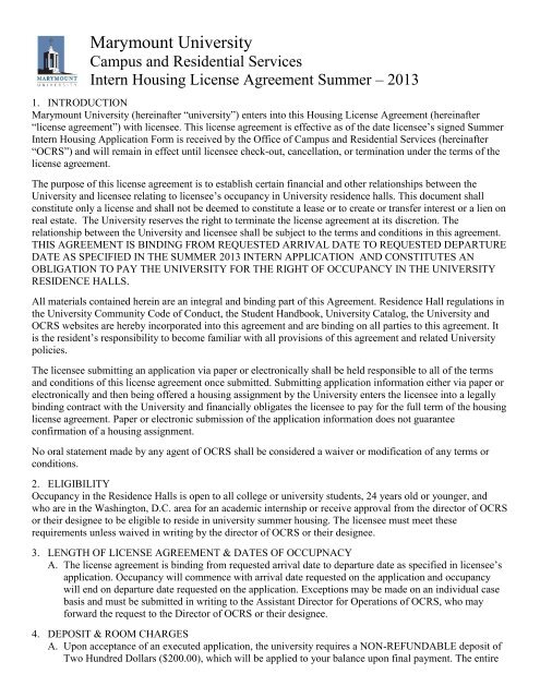 Intern Housing License Agreement - Marymount University